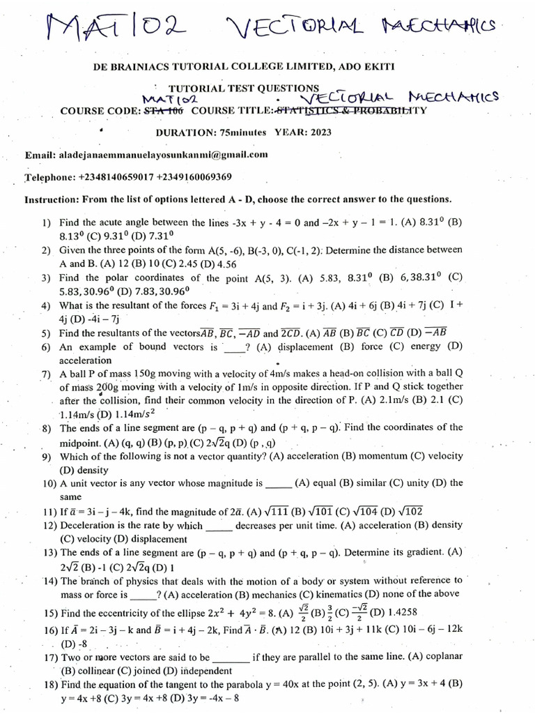 De Brainiacs Tutorial College Mat 102 Test Questions | PDF