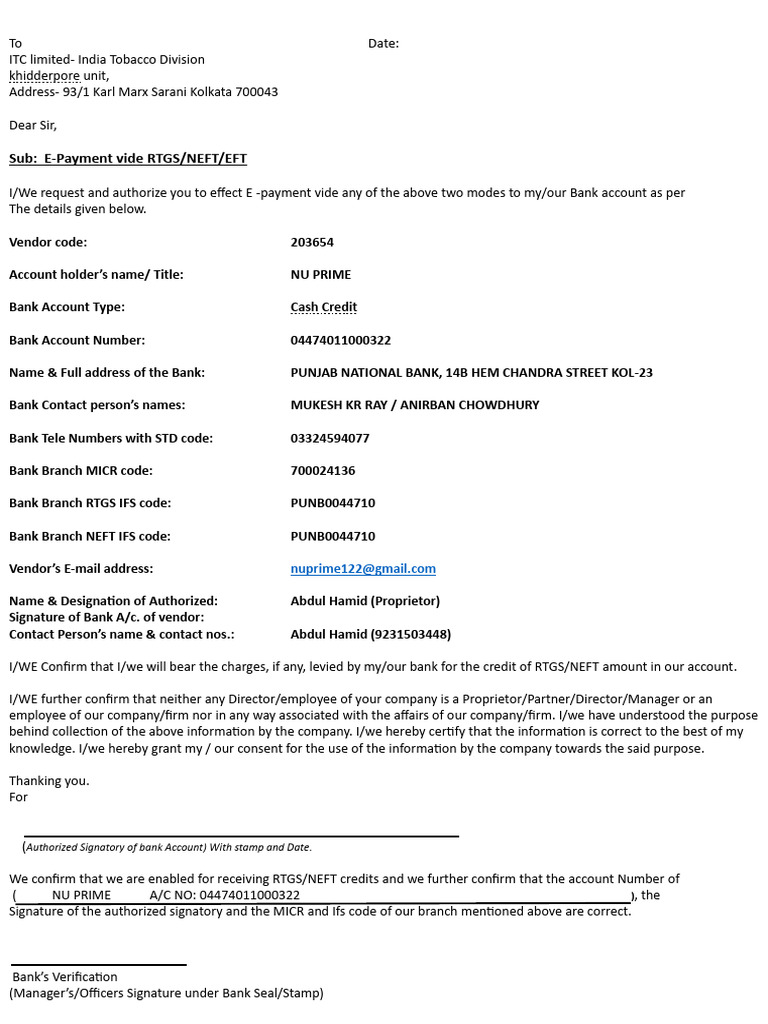Sub: E-Payment Vide RTGS/NEFT/EFT: Authorized Signatory of Bank Account ...