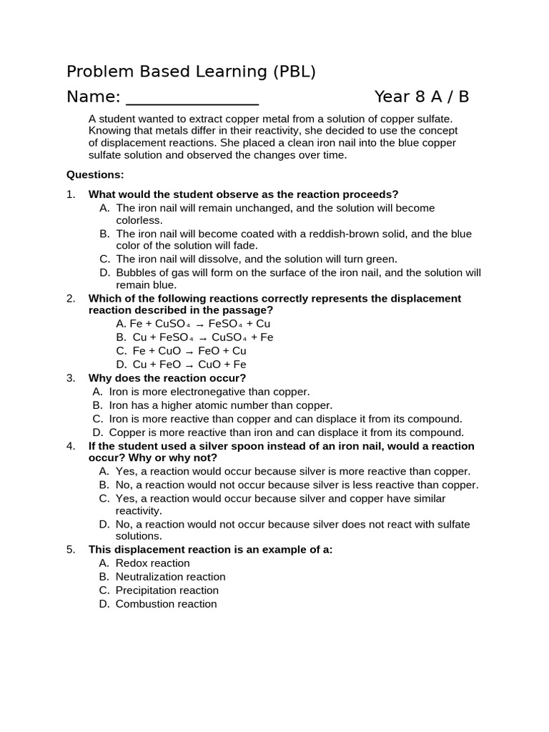 Problem Based Learning Project Year 8 | PDF