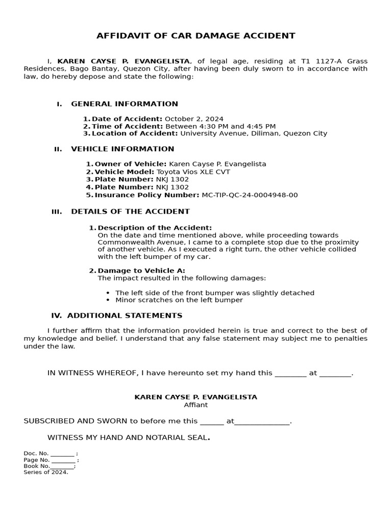 Affidavit of Car Damage Accident | PDF