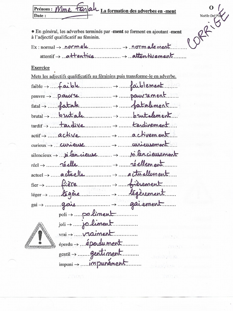 Les Adverbes Corrigc3a9 Mmefarah | PDF