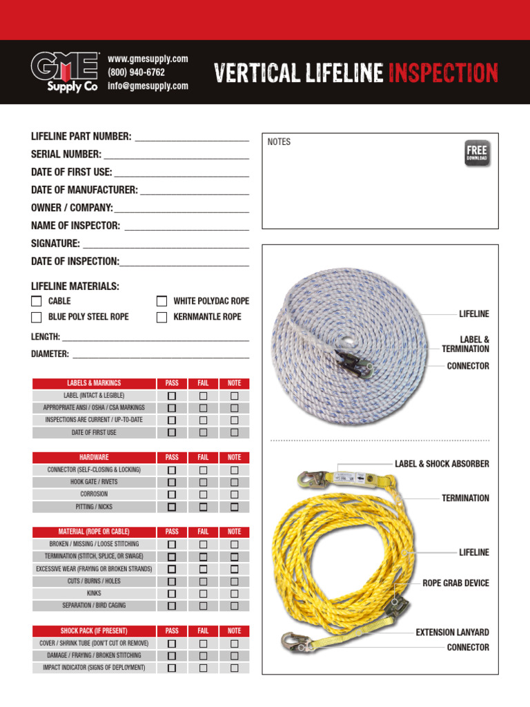 Inspection Vertical Lifeline Fillable GME | PDF | Rope | Manufactured Goods Inspection Vertical Lifeline Fillable GME | PDF | Rope | Manufactured Goods