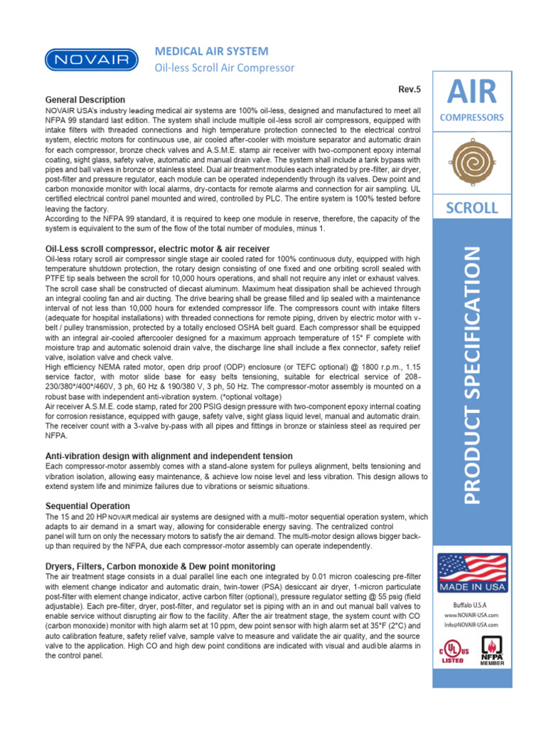 250 NOVAIR AIR Oilless Scroll Air Compressor - Spec - Sheet | PDF