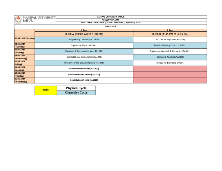 FoE (First Year) - End Term Exam April - May 2024 Timetable | PDF