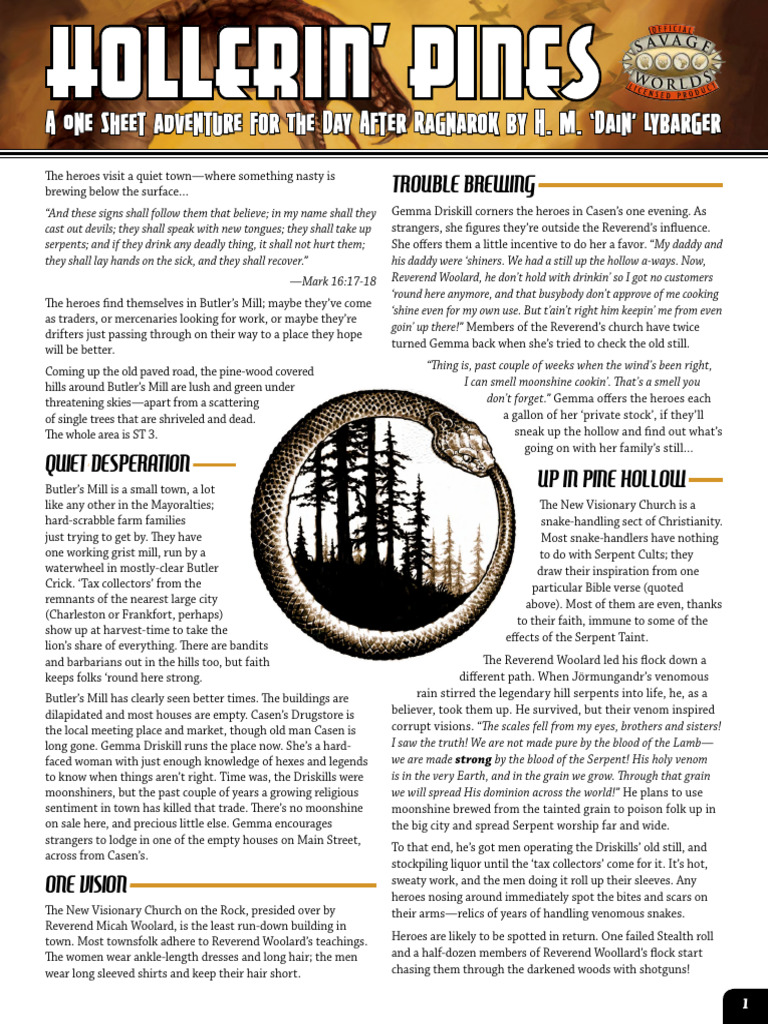Savage Worlds - The Day After Ragnarok - One Sheet - Hollerin Pines | PDF