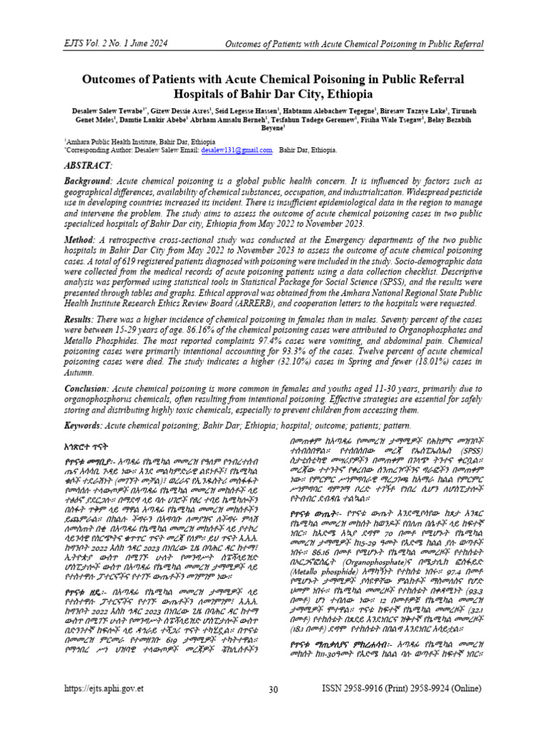 Acute Chemical Poisoning Outcomes in Ethiopia | PDF | Emergency ...