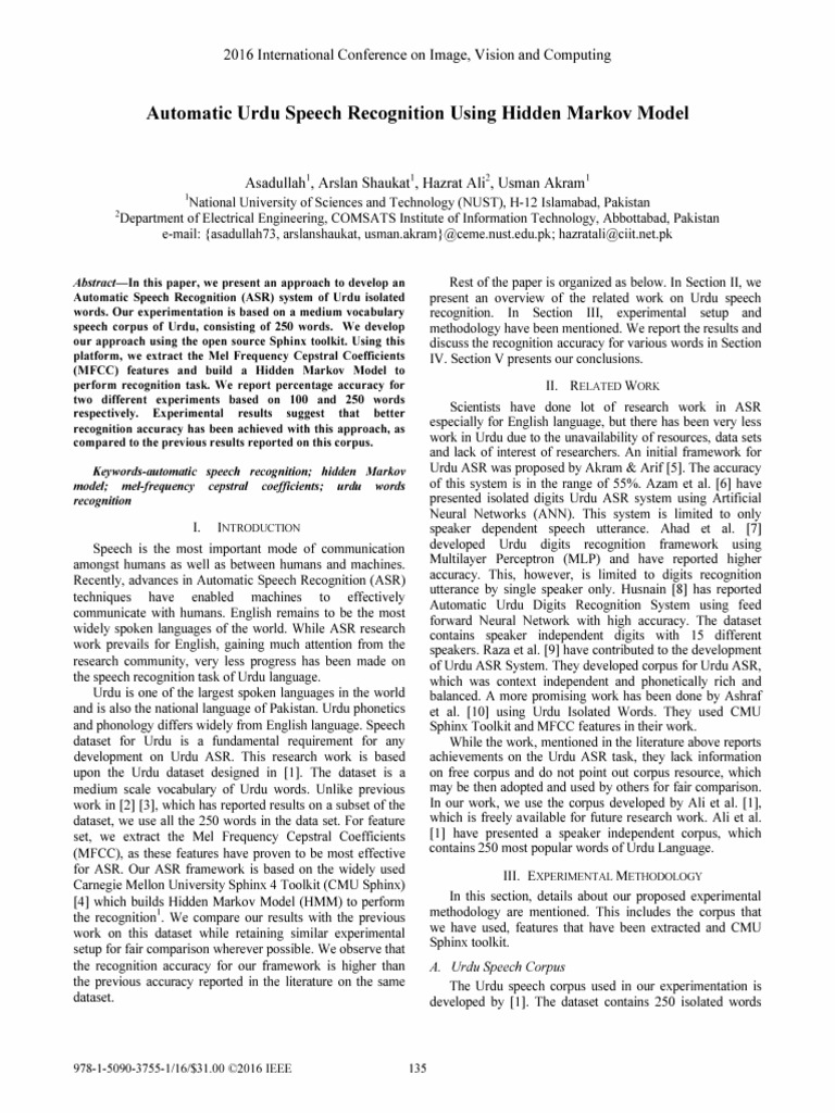 2016 - Automatic Urdu Speech Recognition Using Hidden Markov Model | PDF