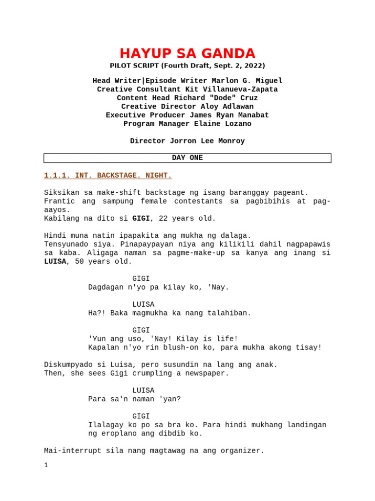 HSG - Pilot Week Script (Fourth Draft, Sept 2) | PDF