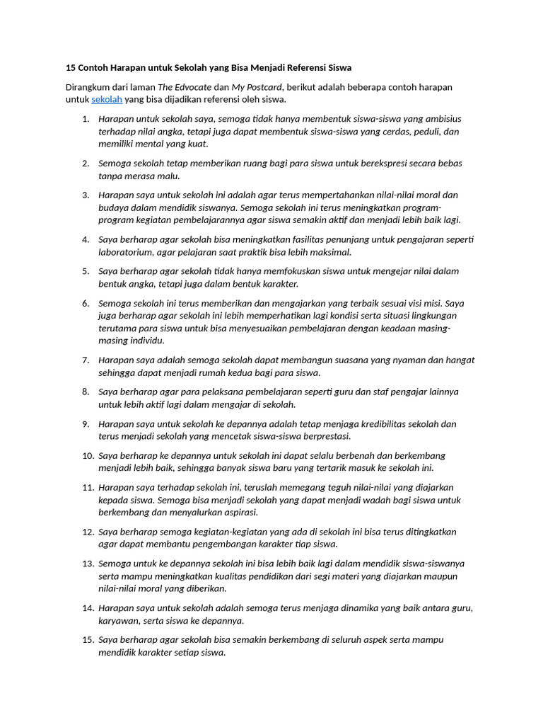 15 Contoh Harapan Untuk Sekolah Yang Bisa Menjadi Referensi Siswa | PDF