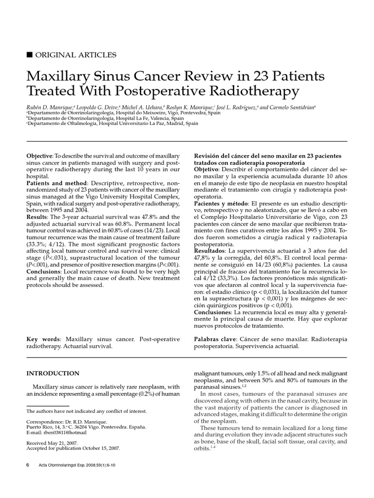 Maxillary Sinus Cancer Review in 23 Patients Treated With Postoperative ...