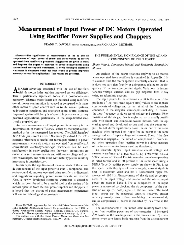 Measurement of Input Power of DC Motors Operated Using Rectifier Power Supplies and Choppers | PDF