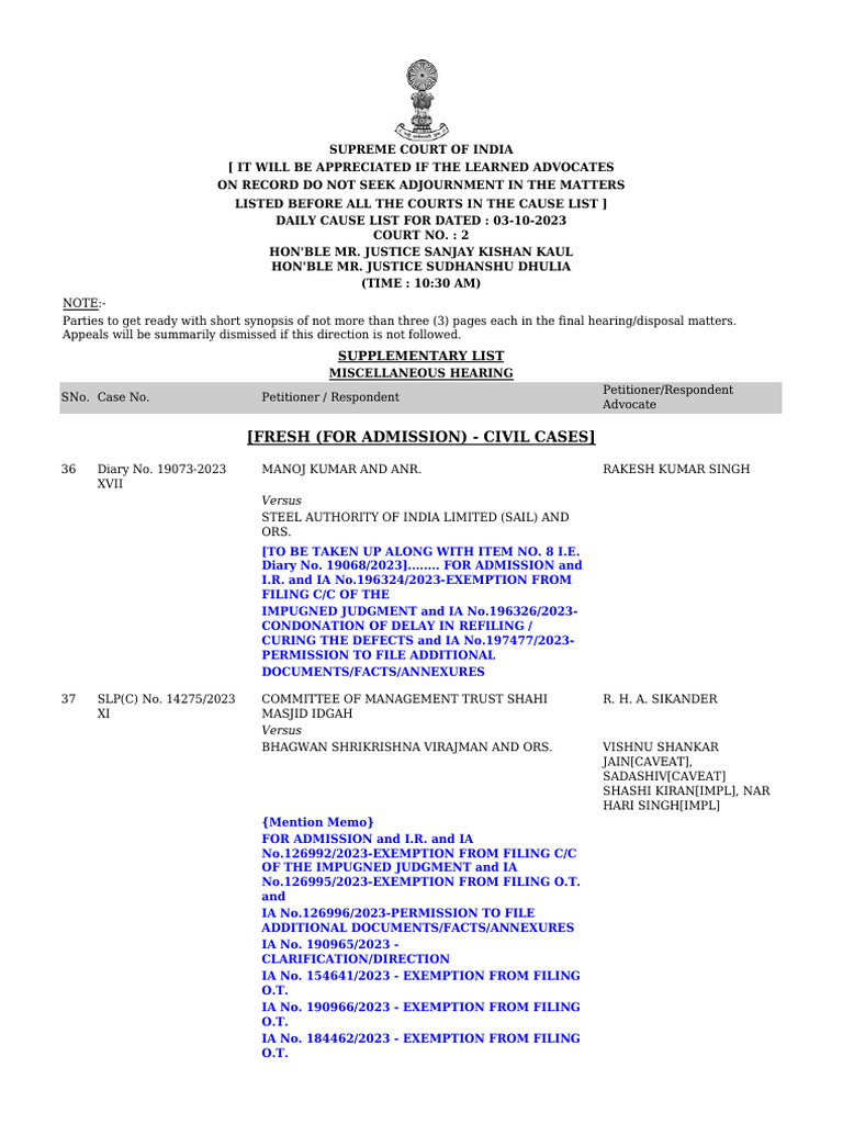 (Fresh (For Admission) - Civil Cases) : Supplementary List | PDF