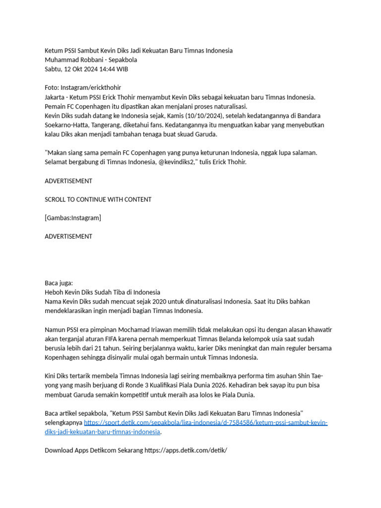 Ketum PSSI Sambut Kevin Diks Jadi Kekuatan Baru Timnas Indonesia | PDF