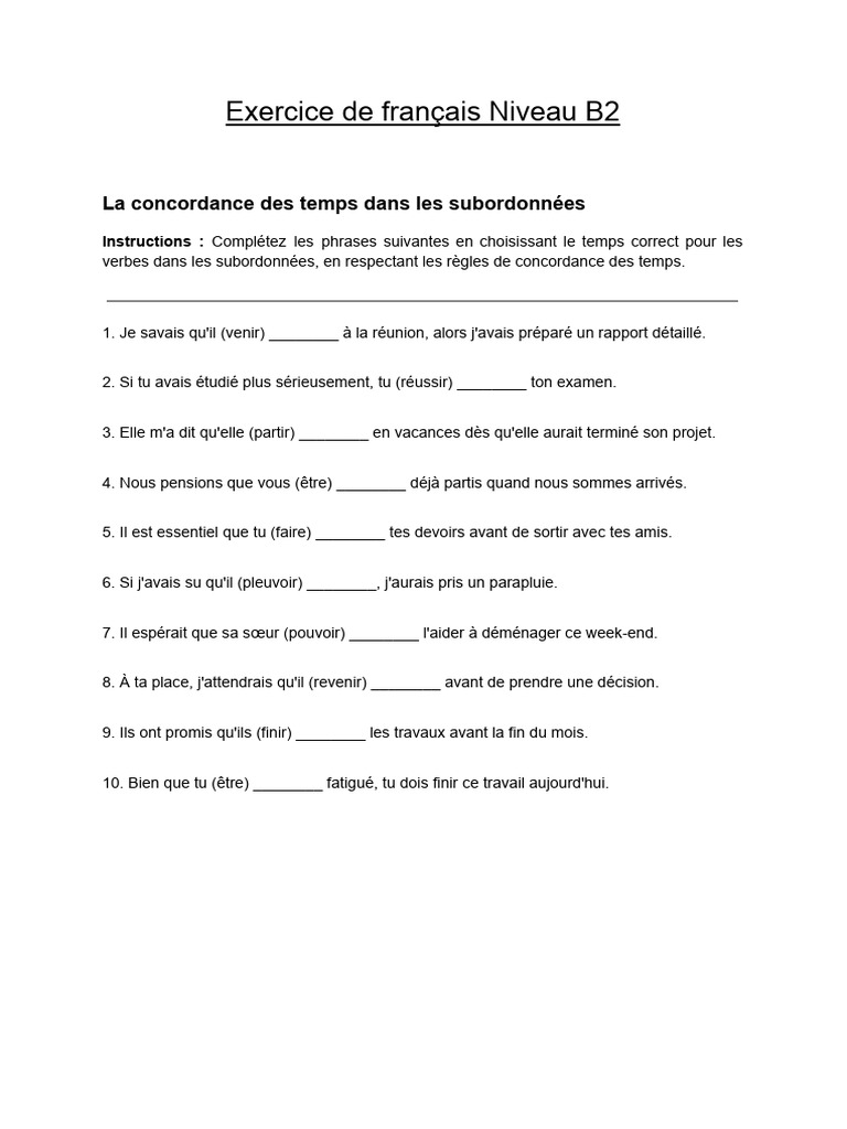 Exercice Francais Niveau b2 Concordance Des Temps | PDF
