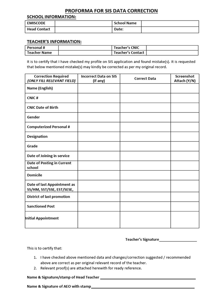 Proforma For Sis Data Correction: Teacher'S | PDF
