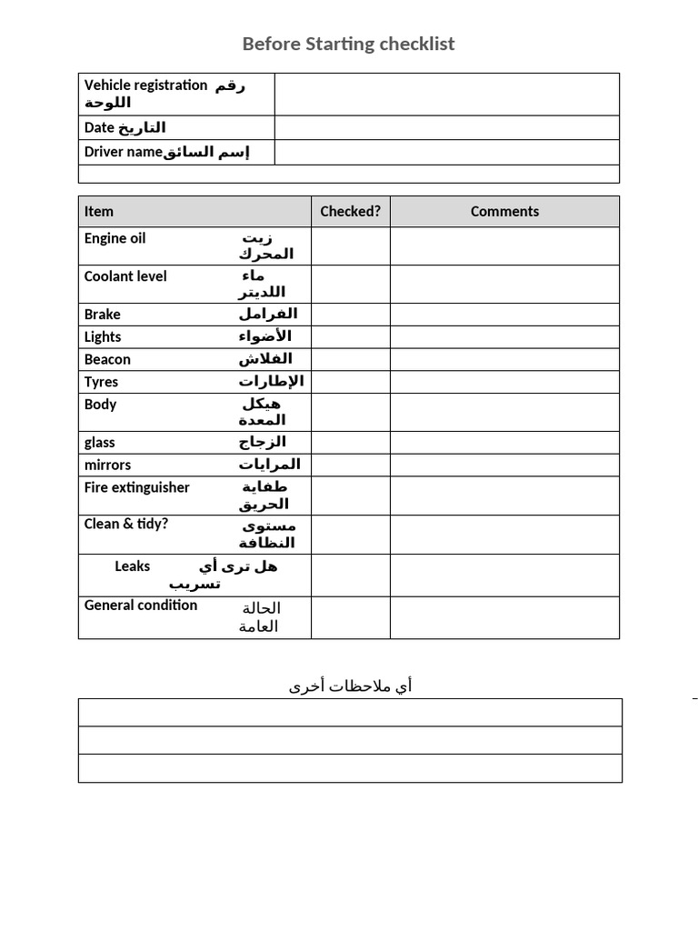 Template Generic Vehicle Checklist | PDF
