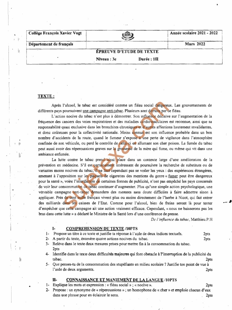 Etude de Texte - College Vogt - Controle - Mars 2022 - 3ã Me - Annee ...