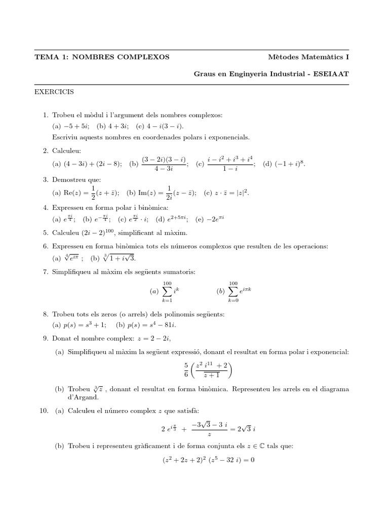 MM1 - T1 - Nombres Complexos - Problemes | PDF