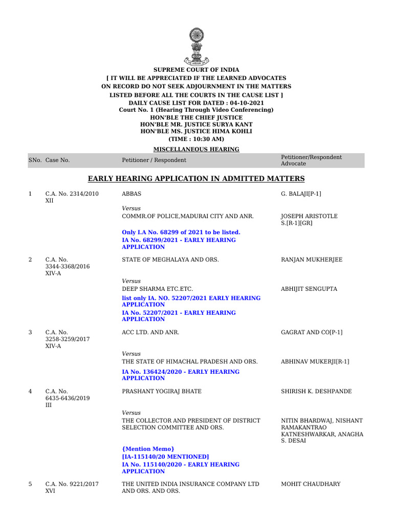 Early Hearing Application in Admitted Matters: Versus | PDF