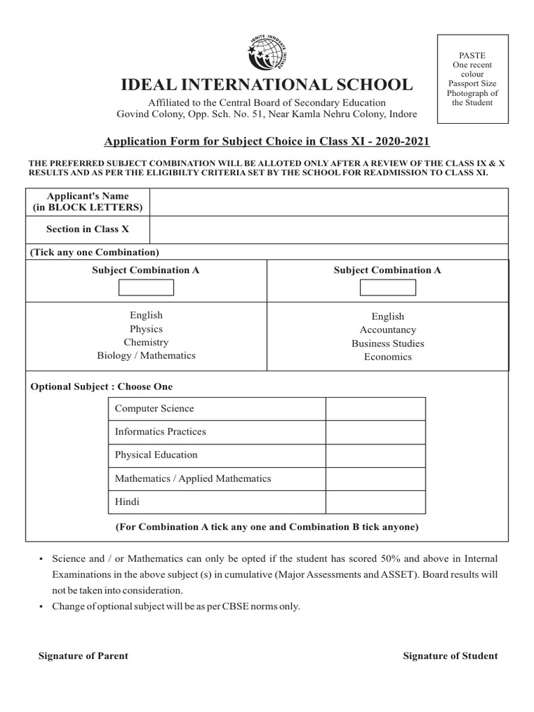 Subject Selection Form For Class Xi | PDF