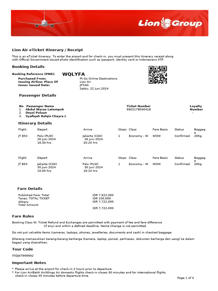 Lion Air Eticket (WWEZHT) - Romi | PDF
