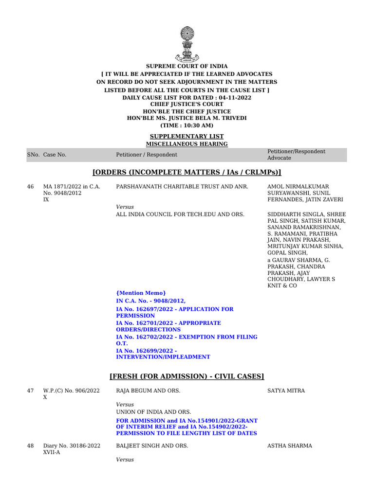 (Orders (Incomplete Matters / Ias / CRLMPS) ) : Supplementary List | PDF