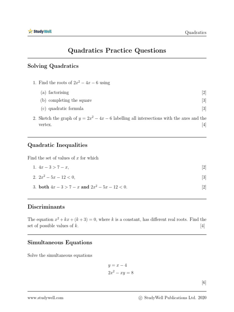 Quadratic S Questions | PDF