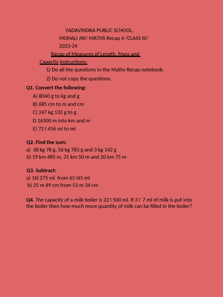 Class III Maths Recap Worksheet 4 - Measures of Length, Mass and ...