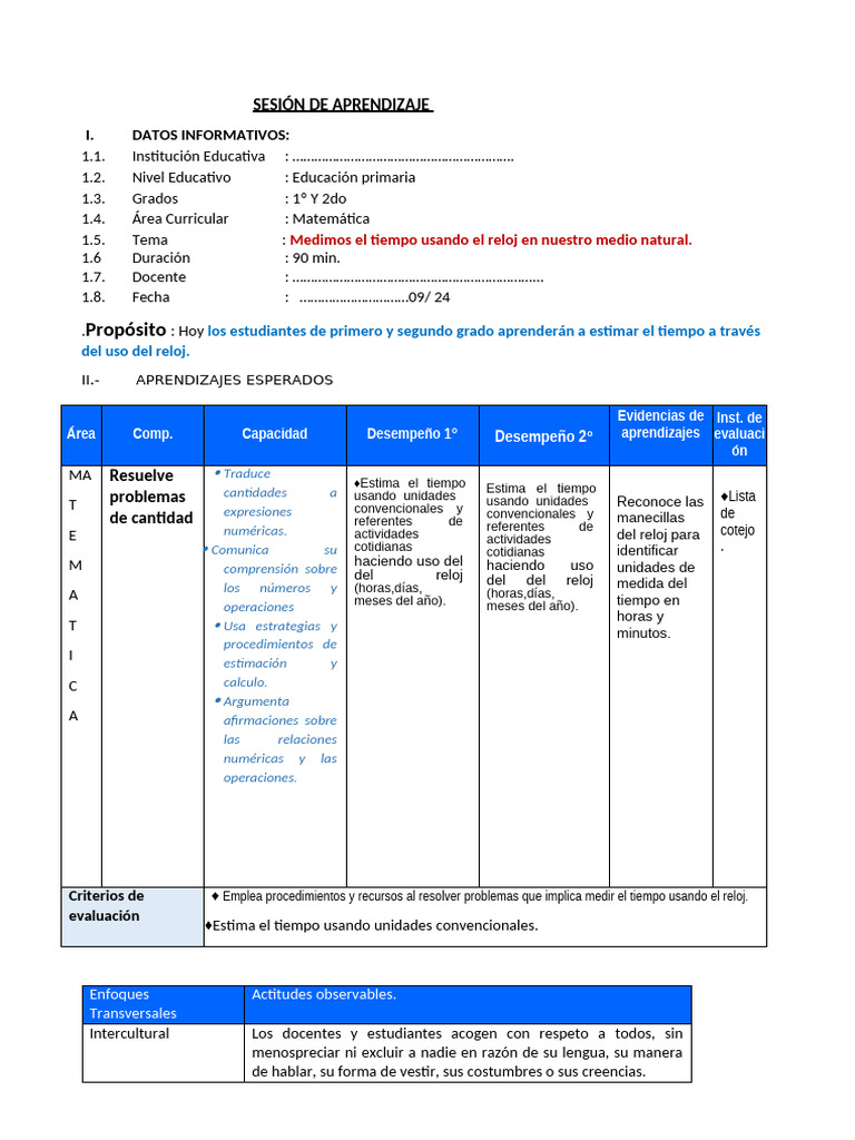 Sesión Matemat 30 Set 24 Medimos El Tiempo Reloj Primer y Segundo Grado ...