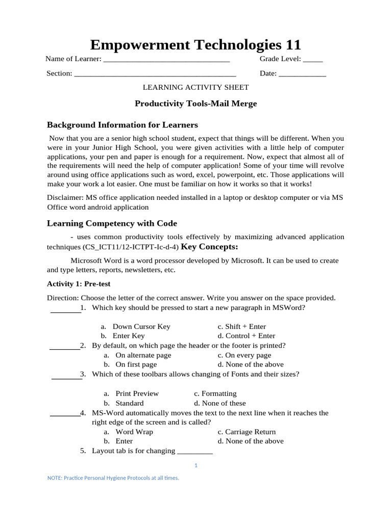 Empowerment Technologies 11: Productivity Tools-Mail Merge Background Information For Learners | PDF