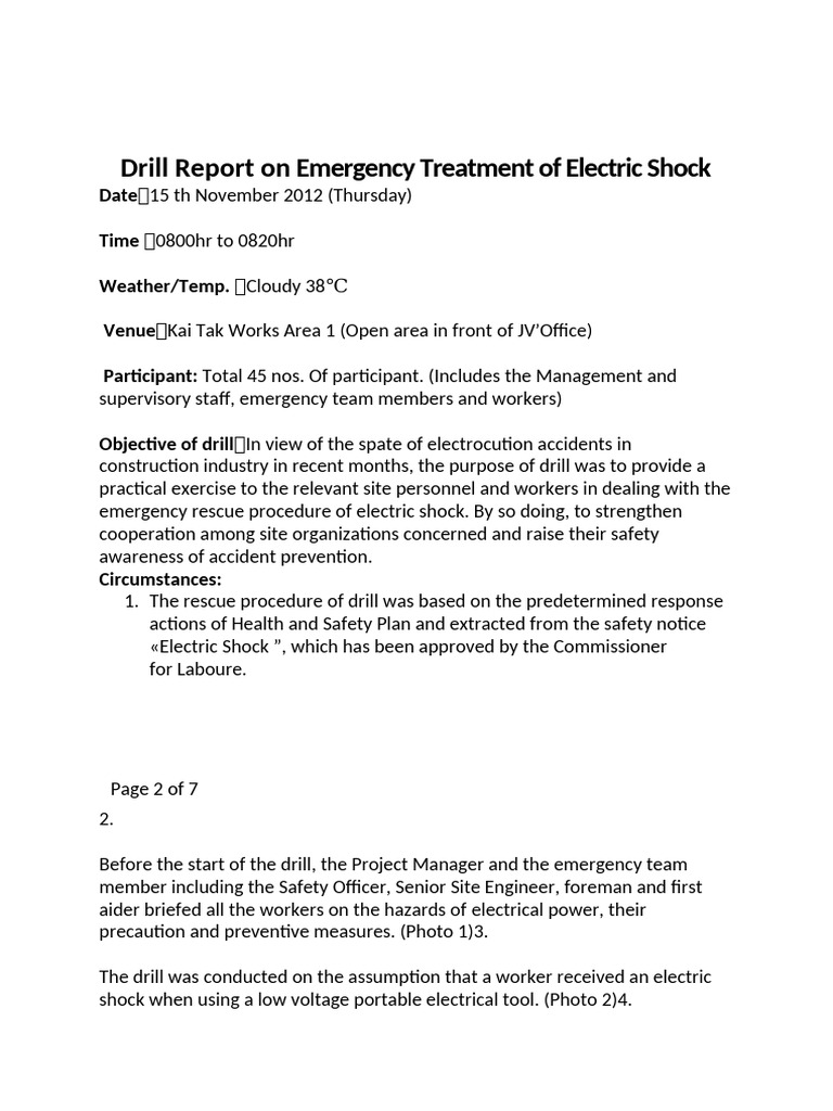 Electric Shock Emergency Drill Report | PDF | First Aid ...