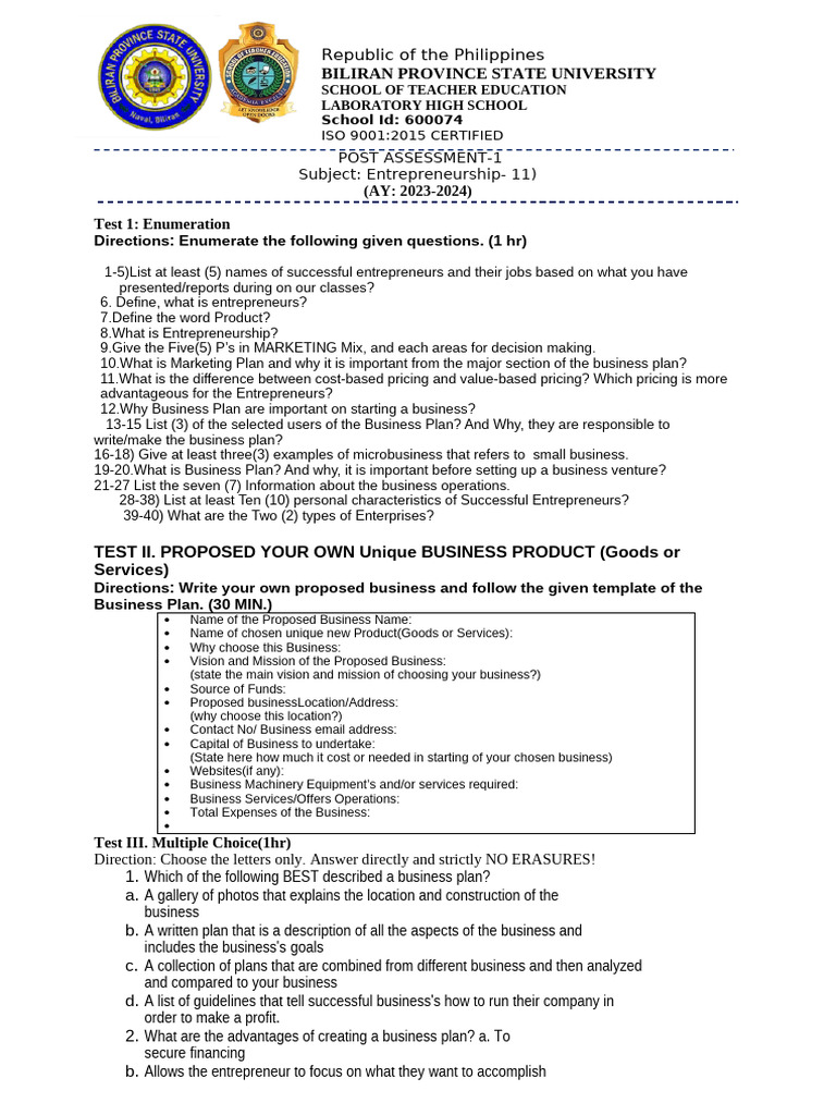 Humss 1a, Abm 1a Long Quiz Entrepreneurship Feb 20, 2024 | PDF