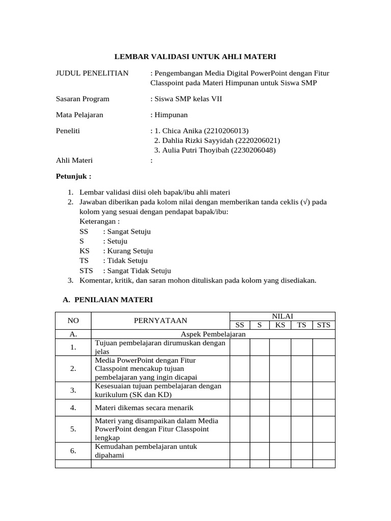 Contoh Lembar Validasi | PDF