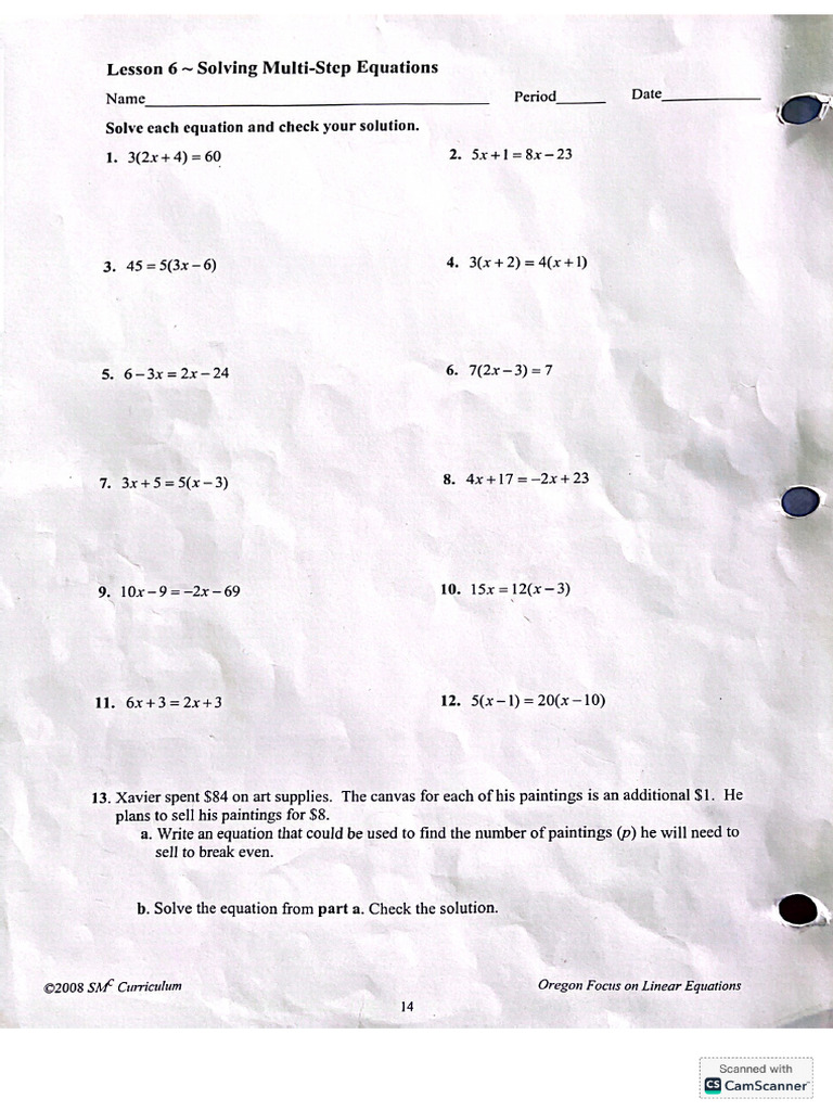 Multi-Step Equations Worksheet | PDF