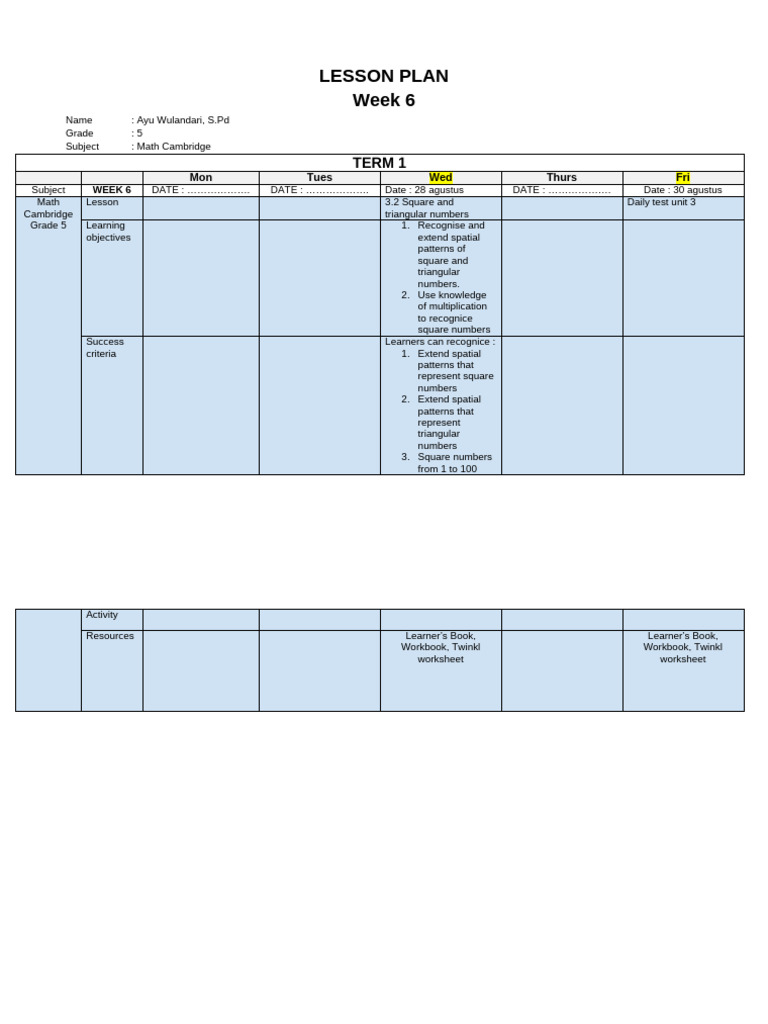 Lesson Plan Ms Wulan t1w6 p5 | PDF