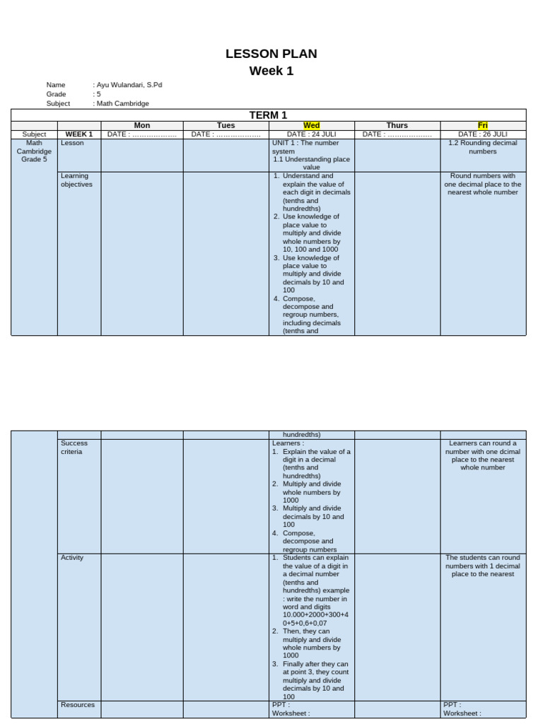 Grade 5 Math Lesson Plan: Decimals | PDF | Encodings | Lexicology