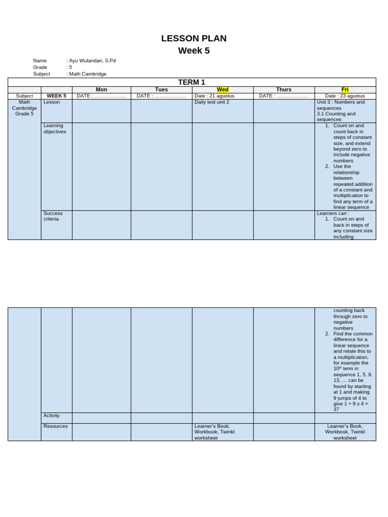 Lesson Plan Ms Wulan t1w5 p5 | PDF | Learning | Mathematics
