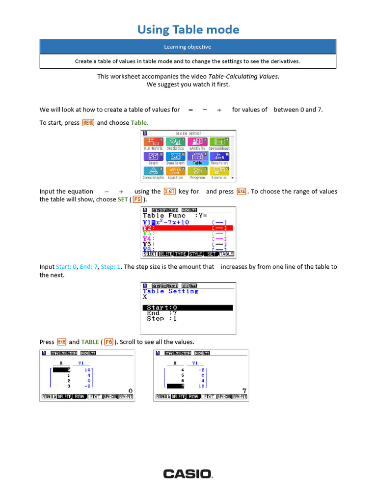 Table Calculating Values Worksheet Fx Cg50 7 Pdf