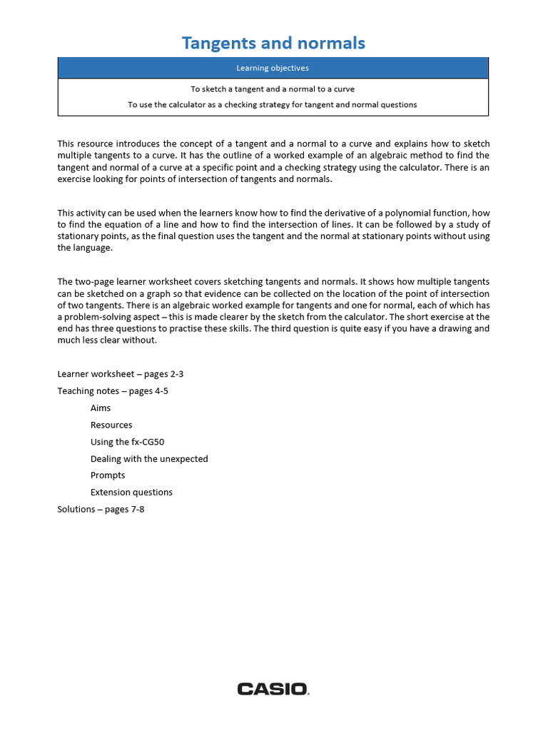 Tangents and Normals Worksheet FX CG50 7 | PDF