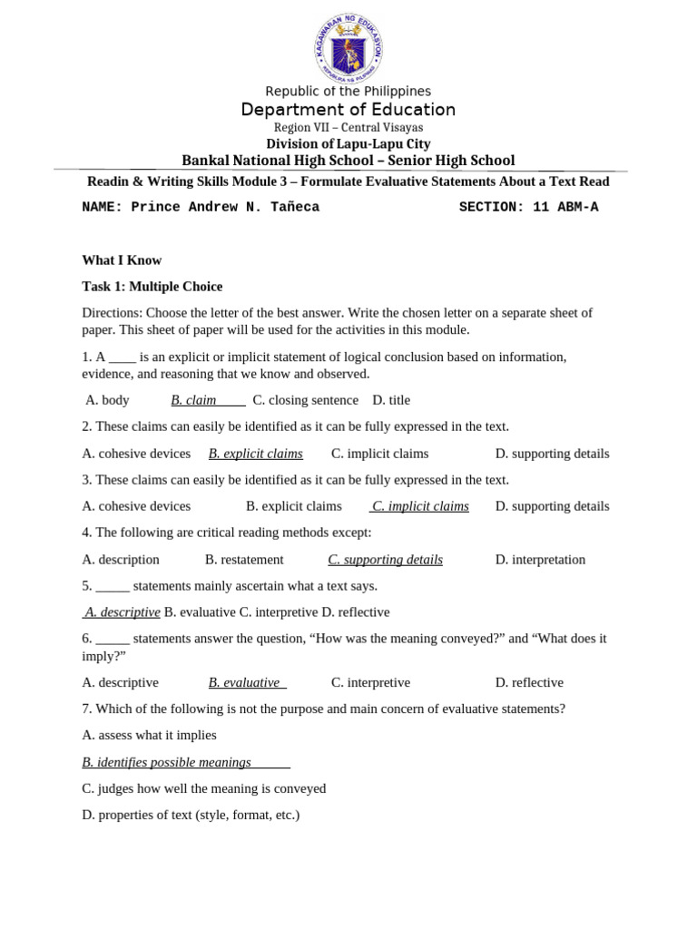 Reading and Writing Module 3 | PDF