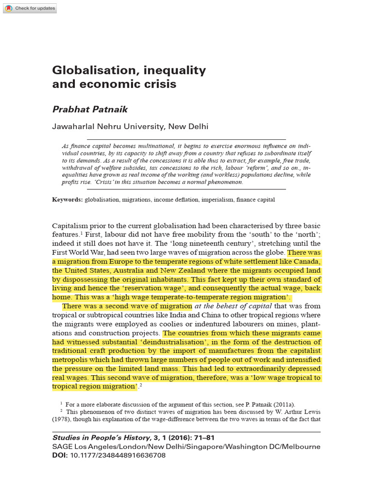 Globalisation Inequality and Crises Patnaik | PDF