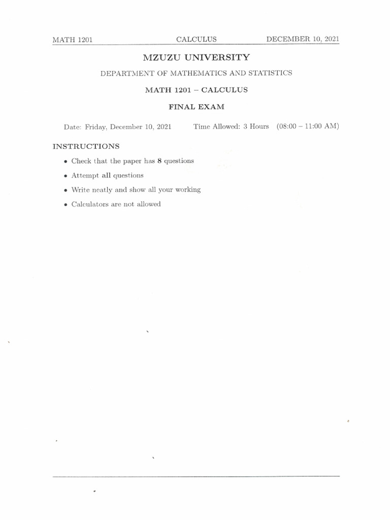 MATH 1201 Calculus Final Exam December 2021 | PDF