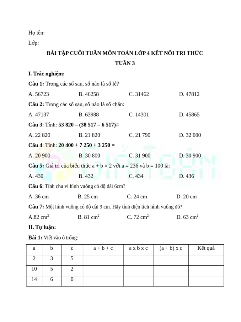 Phieu BT Cuoi Tuan Toan Lop 4 KNTT Tuan 3 | PDF