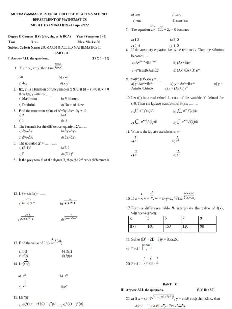 Allied Mathematics - II Model QP | PDF
