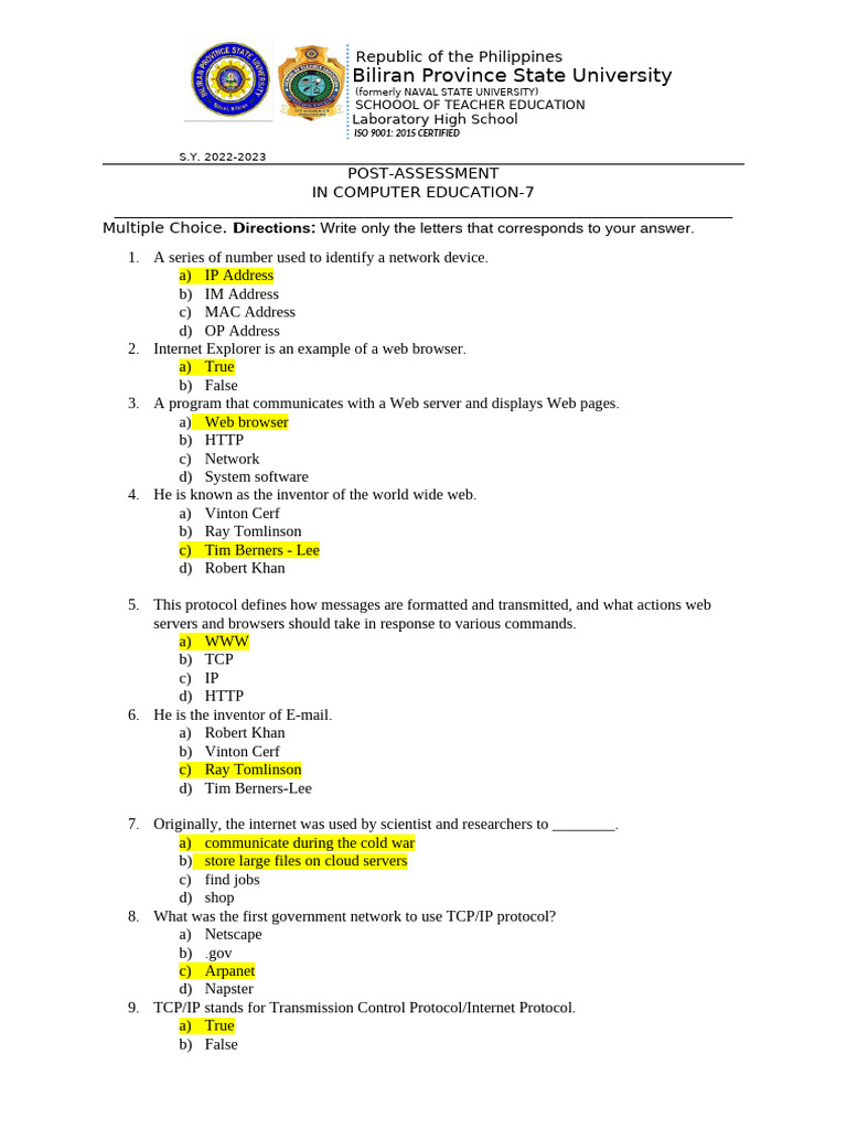 Summative Test For Grade 7-4th Quarter | PDF
