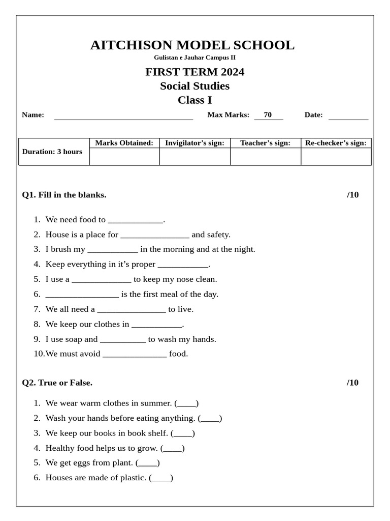 Class 1 Social Studies Exam Paper | PDF | Meal | Foods