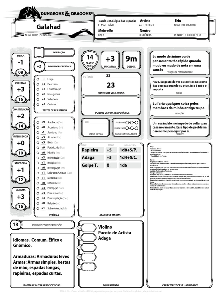 Ficha de D&D Bardo LVL 3 | PDF