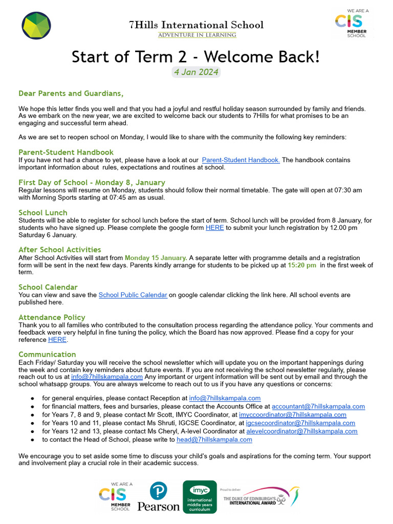 Start of Term 2 - Welcome Back | PDF