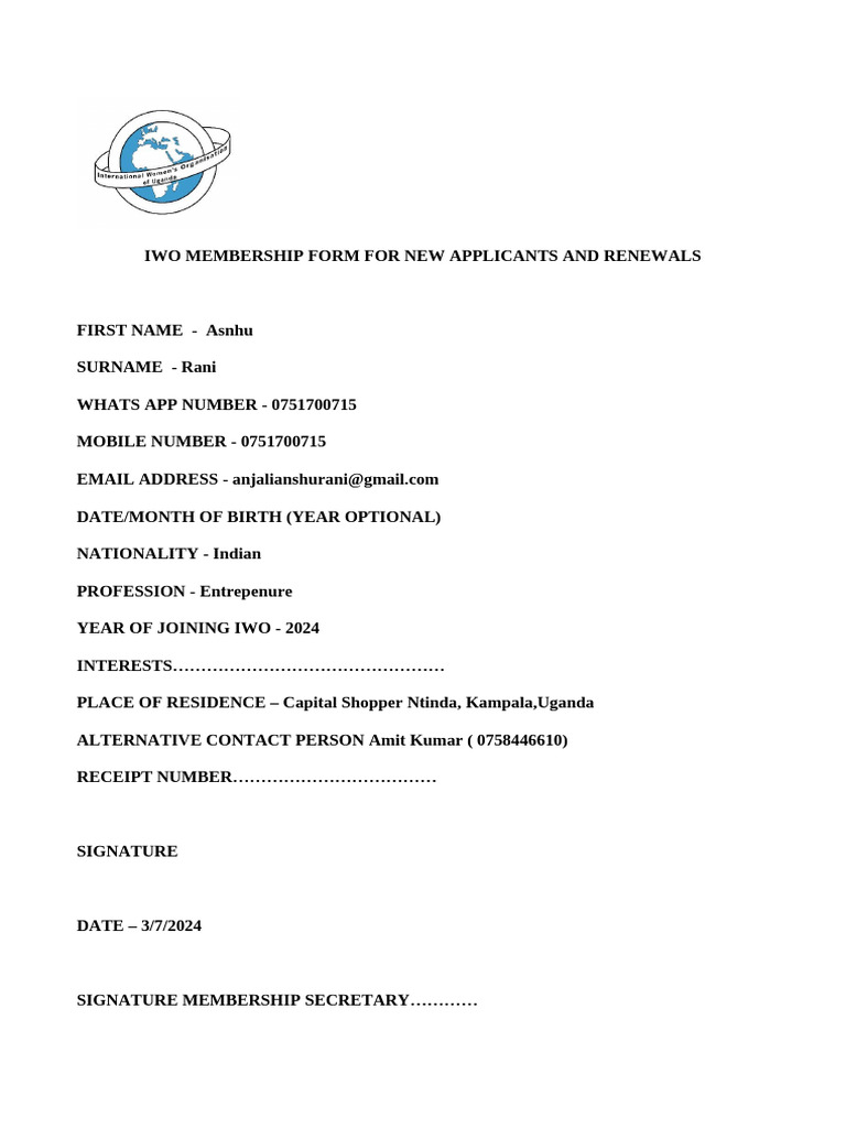 IWO MEMBERSHIP FORM Revised May 2024 (Copy) | PDF