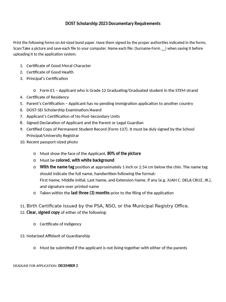 DOST Scholarship 2023 Documentary Requirements | PDF